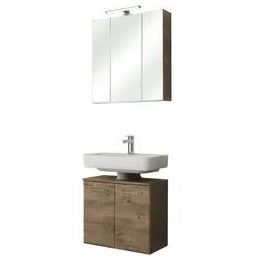 Badm&ouml;bel-Set SAPHIR "Quickset 2-teilig, Waschbeckenunterschrank und LED-Spiegelschrank", braun (eiche ribbeck quer nachbildung), B:65cm T:33cm, Holzwerkstoff, MDF, Kastenm&ouml;bel-Sets, Badm&ouml;bel-Set, ohne Waschbecken, inkl. T&uuml;rd&auml;mpfer, 5 T&uuml;ren, 6 Einlegeb&ouml;den