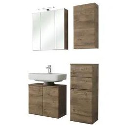 Badm&ouml;bel-Set SAPHIR "Quickset 943 4-teilig, Glaswaschtisch und LED-Spiegelschrank", braun (eiche ribbeck quer nachbildung), B:100cm T:33cm, Holzwerkstoff, MDF, Kastenm&ouml;bel-Sets, Badm&ouml;bel-Set, Badm&ouml;bel ohne Waschbecken, inkl. T&uuml;rd&auml;mpfer, 7 T&uuml;ren, 2 Schubladen