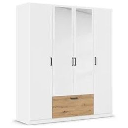 Dreht&uuml;renschrank Rauch "Kleiderschrank Schrank Garderobe W&auml;scheschrank BARI mit Spiegel", wei&szlig; (alpinwei&szlig;, eiche artisan), B:180cm H:210cm T:54cm, Holzwerkstoff, Schr&auml;nke, Dreht&uuml;renschrank, mit Schubasten mittig, moderner Griff in Graumetallic MADE IN GERMANY