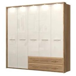 Kleiderschrank OTTO HOME "Gala, beige hochgl&auml;nzend UV lackiert, kratzfest, FSC-zertifiziert", beige (beige, pacific walnut), B:227cm H:224cm T:56cm, Holzwerkstoff, MDF, Schr&auml;nke, Kleiderschrank, mit Beleuchtung und Passpartourahmen, hoher Schrank (224cm), 3 Breiten