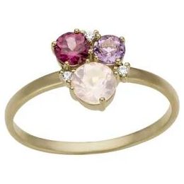 Goldring Firetti "Schmuck Geschenk Gold 333 Damenring Goldring Edelstein Farbstein" Gr. 19, rosa (gelbgoldfarben, lila, rosa, pink), Fingerringe, Damen, 19, 0,02 P2 = erkennbare Einschl&uuml;sse, Diamanten Gelbgold 333, 2mm, Diamanten, Gelbgold 333, Goldring, mit Amethyst, Pink Rhodolit, Rosenquarz - mit Brillanten