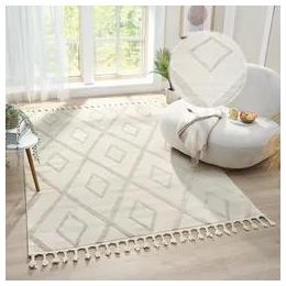 Teppich OTTO HOME "Otilie" Gr. 3, beige (cream), B:120cm H:11mm L:180cm, Kunstfaser, Teppiche, Teppich, dichte Qualit&auml;t, Woll-Look, Boho, mit Fransen und Rauten, Scandi