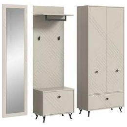 Garderoben-Set Home Affaire "Mento, 4-teilig, Ornamentfr&auml;sung in der Front, bestehend aus:", beige (sandbeige), B:215cm H:190cm T:35cm, FSC-zertifizierter Holzwerkstoff, Glas, MDF, Kastenm&ouml;bel-Sets, Spiegel, Sitzbank, Garderobenpaneel & Garderobenschrank