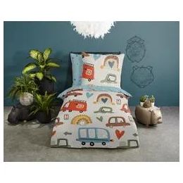 Kinderbettw&auml;sche Good Morning "Move", blau, B/L: 135cm x 200cm, 1 Stk., 1 Stk., Renforc&eacute;, B/L: 80cm x 80cm, 2 Stk., Renforc&eacute;, Obermaterial: 100% Baumwolle, Bettw&auml;sche, Baumwolle, 135x200, Rei&szlig;verschluss, Wendeoptik, Kind, Junge, Fahrzeuge