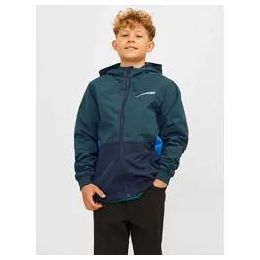 Jack & Jones Outdoorjacke JACK & JONES JUNIOR "JJERUSH wasserabweisend, mit Kapuze, mattes Finish", Jungen, Gr. 140, gr&uuml;n (magical forest), Web, Obermaterial: 100% Polyester, colorblocking, normal normal, B&uuml;ndchen, Jacken Outdoorjacke, Polyester, regular fit