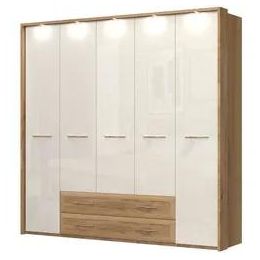 Kleiderschrank OTTO HOME "Gala, beige hochgl&auml;nzend UV lackiert, kratzfest, FSC-zertifiziert", beige (beige, pacific walnut), B:227cm H:224cm T:56cm, Holzwerkstoff, MDF, Schr&auml;nke, Kleiderschrank, mit Beleuchtung und Passpartourahmen, hoher Schrank (224cm), 4 Breiten