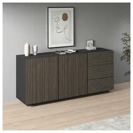 Sideboard Home Affaire "Vega Sideboard,Kommode,180 cm", schwarz (anthrazit matt, cannet&eacute; dunkel), B:180cm H:86cm T:43cm, Sideboards, Sideboard, mit 2 T&uuml;ren und 3 Schubladen,Fronten mit Rillen-Optik