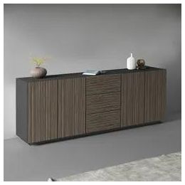 Sideboard Home Affaire "Vega Sideboard,Kommode,220 cm", schwarz (anthrazit matt, cannet&eacute; dunkel), B:220cm H:86cm T:43cm, Sideboards, Sideboard, mit 4 T&uuml;ren und 3 Schubladen,Fronten mit Rillen-Optik