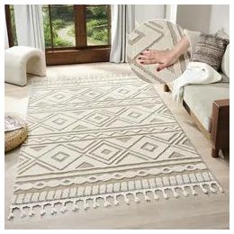 Teppich OTTO HOME "Bonvo" Gr. 4, beige, B:160cm H:19mm L:230cm, Kunstfaser, Teppiche, Teppich, mit Fransen, Hoch-Tief-Struktur, Wohnzimmer, Schlafzimmer, Boho-Style