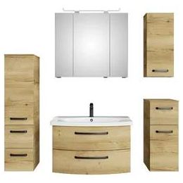 Badm&ouml;bel-Set SAPHIR "Serie 4010 5-teilig Keramik-Waschtisch mit LED-Spiegelschrank", braun (halifax eiche quer nachbildung), B:144cm H:200cm T:45cm, Holzwerkstoff, Kastenm&ouml;bel-Sets, Badm&ouml;bel-Set, Bad Set mit Unterschrank, H&auml;ngeschrank, Midischrank, inkl. T&uuml;rd&auml;mpfer