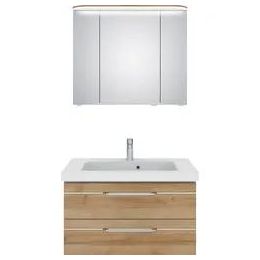 Badm&ouml;bel-Set SAPHIR "Balto Sprint 2-teilig, Mineralmarmor-Waschtisch mit LED-Spiegelschrank", braun (riviera eiche quer nachbildung), B:92cm H:200cm T:50,8cm, Holzwerkstoff, Kastenm&ouml;bel-Sets, Badm&ouml;bel-Set, Badezimmer Set 92 cm breit, inkl. T&uuml;rd&auml;mpfer, 3 T&uuml;ren, 2 Schubladen