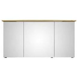 Badezimmerspiegelschrank SAPHIR "Serie 4010 Badezimmer-Spiegelschrank inkl. LED-Beleuchtung im Kranz", braun (halifax eiche quer nachbildung), B:142cm H:71,9cm T:26,5cm, Schr&auml;nke, Badschrank 142 cm breit, 3 T&uuml;ren, 6 Glas-Einlegeb&ouml;den, inkl T&uuml;rd&auml;mpfer
