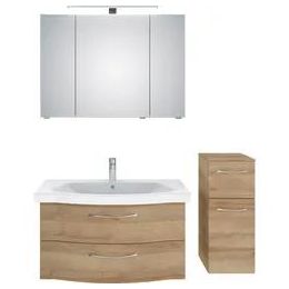 Badm&ouml;bel-Set SAPHIR "6005 Sprint 3-teilig, Keramik-Waschtisch mit LED-Spiegelschrank", braun (riviera eiche quer nachbildung), B:128cm H:200cm T:51,5cm, Spanplatte, Kastenm&ouml;bel-Sets, Badm&ouml;bel-Set, Unterschrank, inkl. T&uuml;rd&auml;mpfer, 4 T&uuml;ren, 3 Schubladen, Bad-Set