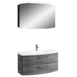 Badm&ouml;bel-Set SAPHIR "Cassca Sprint 2-teilig Mineralmarmor-Waschtisch mit LED-Spiegelschrank", grau (graphit struktur quer nachbildung), B:101cm H:200cm T:50,5cm, Holzwerkstoff, Kastenm&ouml;bel-Sets, Badm&ouml;bel-Set, Waschplatz mit 2 Schubladen, inkl. D&auml;mpfer, 101 cm breit
