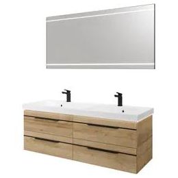 Badm&ouml;bel-Set SAPHIR "Balto 2-teilig Mineralmarmor-Doppelwaschtisch mit LED-Spiegel", braun (riviera eiche quer nachbildung mit schwarzer einlage), B:150cm H:200cm T:50,8cm, Holzwerkstoff, Kastenm&ouml;bel-Sets, Badm&ouml;bel-Set, Waschplatz 150 cm breit, 4 Schubladen, inkl. Schubladend&auml;mpfer