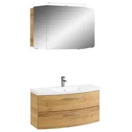 Badm&ouml;bel-Set SAPHIR "Cassca Sprint 2-teilig Mineralmarmor-Waschtisch mit LED-Spiegelschrank", braun (riviera eiche quer nachbildung), B:101cm H:200cm T:50,5cm, Holzwerkstoff, Kastenm&ouml;bel-Sets, Badm&ouml;bel-Set, Waschplatz mit 2 Schubladen, inkl. D&auml;mpfer, 101 cm breit