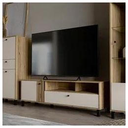 Lowboard FORTE "KillarneyTV-Board, TV-Schrank", beige (mauvella eiche, sand), B:158,1cm H:48,6cm T:42cm, Dekorfolie, Holzwerkstoff, MDF, Metall, Sideboards, Lowboard, TV Board, Soft Close, Schublade, offene F&auml;cher