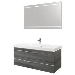 Badm&ouml;bel-Set SAPHIR "Balto 2-teilig Mineralmarmor-Waschtisch mit LED-Spiegel, 123 cm breit", grau (graphit struktur quer nachbildung mit chromeinlage), B:123cm H:200cm T:50,8cm, Holzwerkstoff, Kastenm&ouml;bel-Sets, Badm&ouml;bel-Set, Waschplatz mit 2 Schubladen, Badschrank inkl. Schubladend&auml;mpfer