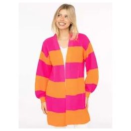 Cardigan Zwillingsherz "Katja", Damen, bunt (pink orange), Strick, Obermaterial: 70% Polyacryl, 30% Wolle, bequem ca. Mitte Oberschenkel, V-Ausschnitt, Rippstrickb&uuml;ndchen, Strickjacken, One Size, Wollanteil, Langarm, Blockstreifen, ohne Verschluss