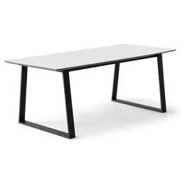 Esstisch HAMMEL FURNITURE "Meza Designtisch mit Auszugsfunktion und 2 Einlegeplatten", wei&szlig; (wei&szlig;, schwarz, wei&szlig;), B:210cm H:74cm T:100cm, Tischplatte: Weiss Laminat (schwarzer Rand), Gestell: Pulverbeschichtetes schwarzes Metall, RAL9005 matt., Tische, Esstisch, bootsf&ouml;rmige Tischplatte MDF,Trapez gestell, in zwei Breiten