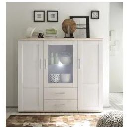 HBZ-MEBLE Highboard HBZ "Romance Landhaustil mit LED-Beleuchtung, BxHxT 156x137x46 cm", wei&szlig; (sibiu l&auml;rche, ober und unterboden san remo hell), B:156cm H:137cm T:46cm, Holzwerkstoff, Sideboards, Highboard, Mit 2 T&uuml;ren, 2 Schubk&auml;sten und 6 Einlegeb&ouml;den, 1 Glasboden