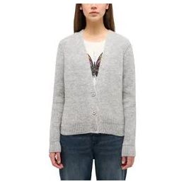 Cardigan Mustang "Style Sedalia", Damen, Gr. L, grau (mid grau melange), Strick, Obermaterial: 64% Polyacryl, 16% Polyester, 15% sonstige Fasern, 5% Wolle, meliert, relaxed fit taillenbedeckt, V-Ausschnitt, Rippb&uuml;ndchen, Strickjacken, mit Kn&ouml;pfen