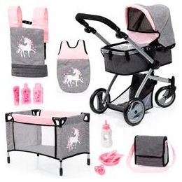 BAYER DESIGN Puppenwagen BAYER "Mega grau/rosa", rosa (grau, rosa einhorn), Puppenwagen, KinderB:36cm H:72cm T:70cm, Kunststoff, Metall, Stoff, mit Reisebett, Schlafsack, Wickeltasche und Zubeh&ouml;r, B:36cm H:72cm T:70cm