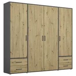 Dreht&uuml;renschrank Rauch "Kleiderschrank Schrank Garderobe W&auml;scheschrank VOYAGER", grau (graumetallic, eiche artisan, griffe graumetallic), B:187cm H:194cm T:53cm, Holzwerkstoff, Schr&auml;nke, Dreht&uuml;renschrank, mit 2 modernen Griffvarianten, mit Au&szlig;enschubladen MADE IN GERMANY