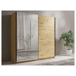 Schwebet&uuml;renschrank Home Affaire "Kleiderschrank Fresno mit 5 Einlegeb&ouml;den, Spiegel und Kleiderstange", beige (natur), B:150,6cm H:207cm T:61,5cm, Melamin, Schr&auml;nke, Schwebet&uuml;renschrank, Garderobe mit 2 Schwebet&uuml;ren, B/H/T 150/207/62 cm