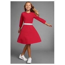 Skaterkleid Kidsworld "mit Glitzerband", M&auml;dchen, Gr. 140/146, N-Gr, rot, Jersey, Obermaterial: 95% Baumwolle, 5% Elasthan, unifarben mit Farbeinsatz, ausgestellt kniefrei, Rundhals, abgesteppte Kante, Kleider, festlich, kniefrei, 3/4-&Auml;rmel, aus Baumwollmischung