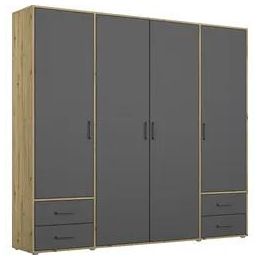 Dreht&uuml;renschrank Rauch "Kleiderschrank Schrank Garderobe W&auml;scheschrank VOYAGER", grau (eiche artisan, graumetallic, griffe graumetallic), B:187cm H:194cm T:53cm, Holzwerkstoff, Schr&auml;nke, Dreht&uuml;renschrank, mit 2 modernen Griffvarianten, mit Au&szlig;enschubladen MADE IN GERMANY
