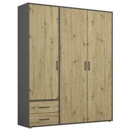 Dreht&uuml;renschrank Rauch "Kleiderschrank Schrank Garderobe W&auml;scheschrank VOYAGER", grau (graumetallic, eiche artisan, griffe graumetallic), B:140cm H:194cm T:53cm, Holzwerkstoff, Schr&auml;nke, Dreht&uuml;renschrank, mit 2 modernen Griffvarianten, mit Au&szlig;enschubladen MADE IN GERMANY