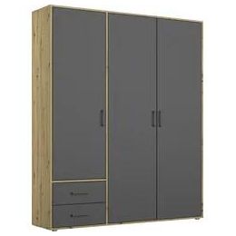 Dreht&uuml;renschrank Rauch "Kleiderschrank Schrank Garderobe W&auml;scheschrank VOYAGER", grau (eiche artisan, graumetallic, griffe graumetallic), B:140cm H:194cm T:53cm, Holzwerkstoff, Schr&auml;nke, Dreht&uuml;renschrank, mit 2 modernen Griffvarianten, mit Au&szlig;enschubladen MADE IN GERMANY