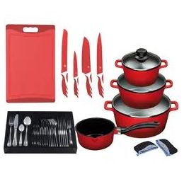 Topf-Set King "&raquo;ALUGUSS&laquo; Aluminiumguss, Induktion, Antihaftbeschichtung", rot, 10 l, T&ouml;pfe, inkl. 4 K&uuml;chenmesser, 1 Schneidebrett, 1 Besteck-Set + Etui