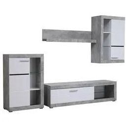Wohnzimmer-Set Inosign "Rosso Wohnwand, Mediawand, Anbauwand, f&uuml;r TV bis 60', Breite 267 cm", grau (beton), B:266,5cm H:186cm T:41,5cm, Glas, Kunststoff, MDF, Metall, Spanplatte, Kastenm&ouml;bel-Sets, Set besteht aus Highboard, TV-board, Wandregal und H&auml;ngeschrank