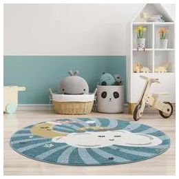 Kinderteppich Carpet City "Anime9380", blau, H:11mm &Oslash;:120cm, Polypropylen (PP), Teppiche, Spielteppich, Teppich Mond, Wolken, Sterne, Weicher Flor