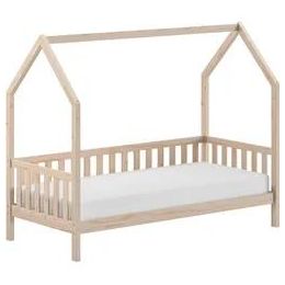Hausbett Vipack "Cabane, mit Dachaufbau und Sprossenumrandung in Landhaus-Optik", beige (natur, natur, natur), B:98cm H:169cm L:208cm, Betten, sehr stabil und standfest gebaut inkl. Massivholz Rolllattenrost
