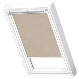 Verdunklungsrollo Velux "DKL 4579S, Farbe: sandbeige gep.", beige (sandbeige gep., alufarben), CK02, stufenlos positionierbar, Polyester, Rollos, Verdunklungsrollo, alufarbene F&uuml;hrungsschienen & Griffleiste