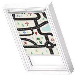 Verdunklungsrollo Velux "DKL 4655SWL, Motiv: Kids Stra&szlig;en", wei&szlig; (kids stra&szlig;en, wei&szlig;), U04, stufenlos positionierbar, Polyester, Rollos, Verdunklungsrollo, wei&szlig;e F&uuml;hrungsschienen & Griffleiste