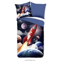 Kinderbettw&auml;sche "Rocket", blau, B/L: 135cm x 200cm, 1 Stk., 1 Stk., Microfaser, B/L: 80cm x 80cm, 2 Stk., Microfaser, Obermaterial: 100% Polyester, PURE LUXURY COLLECTION, Bettw&auml;sche, Mikrofaser, 135x200, Wende, Kind, Junge, Rakete Weltraum Weltall, Blau