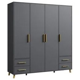 Dreht&uuml;renschrank Rauch "Kleiderschrank Schrank Garderobe SHINJO Breiten 93/140/187 cm", grau (graumetallic), B:187cm H:203cm T:53cm, Holzwerkstoff, Schr&auml;nke, Dreht&uuml;renschrank, Griffe und F&uuml;&szlig;e aus Massivholz mit 2 Schubladen MADE IN GERMANY