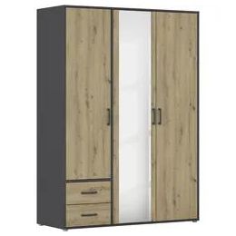 Dreht&uuml;renschrank Rauch "Kleiderschrank Schrank Garderobe W&auml;scheschrank VOYAGER", grau (graumetallic, eiche artisan), B:140cm H:194cm T:53cm, Holzwerkstoff, Schr&auml;nke, Dreht&uuml;renschrank, mit modernen Griffen in Graumetallic, inkl. Schubk&auml;sten und Spiegel