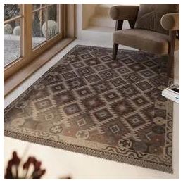 Wollteppich GREEN LOOOP "Migny", braun (hellbraun), B:160cm H:5mm L:230cm, Wolle, Teppiche, Fransen, Kelim, handgewebt, Natur, Wohnzimmer, Schlafzimmer, Raute