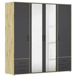 Dreht&uuml;renschrank Rauch "Kleiderschrank Schrank Garderobe W&auml;scheschrank VOYAGER", grau (eiche artisan, graumetallic), B:187cm H:194cm T:53cm, Holzwerkstoff, Schr&auml;nke, Dreht&uuml;renschrank, mit modernen Griffen in Graumetallic, inkl. Schubk&auml;sten und Spiegel