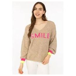 Strickpullover Zwillingsherz "Smile", Damen, beige, Strick, Obermaterial: 57% Polyamid, 29% Polyester, 7% Wolle, 7% Viskose, unifarben mit Farbeinsatz, relaxed fit h&uuml;ftlang, V-Ausschnitt, weit Rippstrickb&uuml;ndchen, Pullover Strickpullover, Langarm, One Size, V-Ausschnitt, Neon-Details, Schriftzug