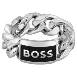 Fingerring BOSS "KASSY EMBLEM" Gr. 64, schwarz (edelstahlfarben, schwarz), Fingerringe, Herren, 64, Edelstahl, 10mm, Fingerring, mit Emaille