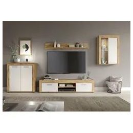 Wohnwand Home Affaire "Aosta, 4-tlg., best. aus: Highboard, Lowboard, Wandboard & Vitrine", wei&szlig; (wotan eiche nachbildung, wei&szlig;), B:330cm H:169cm T:40cm, Holzwerkstoff, Kastenm&ouml;bel-Sets, Wohnwand, Wohnwand, Kombination, Anbauwand, M&ouml;bel Set, Schrankwand, M&ouml;bel Kombi