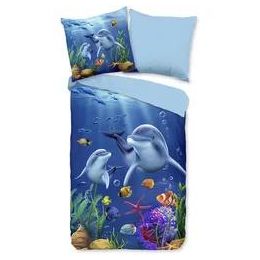 Kinderbettw&auml;sche "Mare", blau, B/L: 135cm x 200cm, 1 Stk., 1 Stk., Microfaser, B/L: 80cm x 80cm, 2 Stk., Microfaser, Obermaterial: 100% Polyester, PURE LUXURY COLLECTION, Bettw&auml;sche, Mikrofaser, 135x200, Pflegeleicht, Wendeoptik, Kind, Delfin Meer, Blau