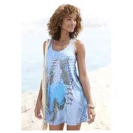 Strandkleid Buffalo, Damen, Gr. 38, N-Gr, blau (blau bedruckt), Jersey, Obermaterial: 95% Viskose, 5% Elasthan, bedruckt, figurumspielend Po-bedeckend, Rundhals, Kleider Strandkleid, mit besonderem Tr&auml;gerdesign und Alloverprint, Minikleid, Sommerkleid