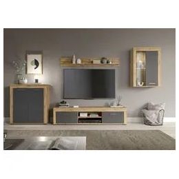 Wohnwand Home Affaire "Aosta, 4-tlg., best. aus: Highboard, Lowboard, Wandboard & Vitrine", grau (wotan eiche nachbildung, grau), B:330cm H:169cm T:40cm, Holzwerkstoff, Kastenm&ouml;bel-Sets, Wohnwand, Wohnwand, Kombination, Anbauwand, M&ouml;bel Set, Schrankwand, M&ouml;bel Kombi